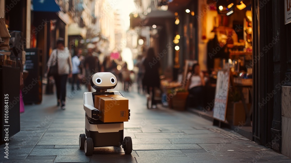 A small autonomous delivery robot moves down a lively urban street ...