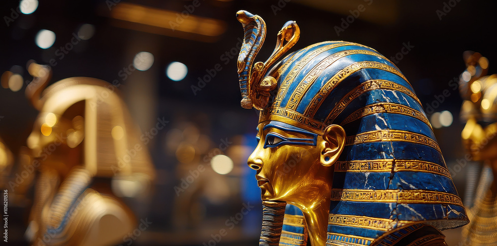 The golden mask of an ancient pharaoh adorned with blue inlays ...
