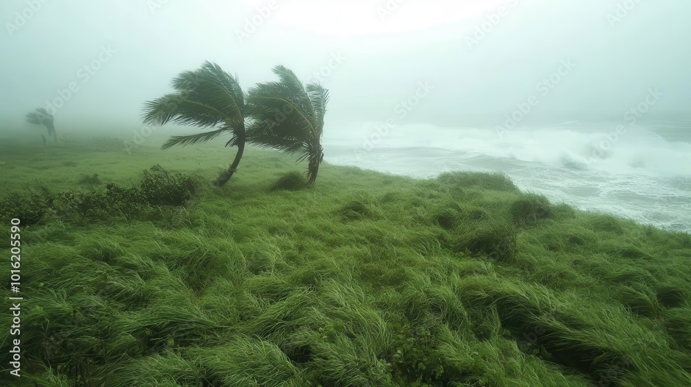 Tropical storm with bending palm trees and turbulent ocean waves ...