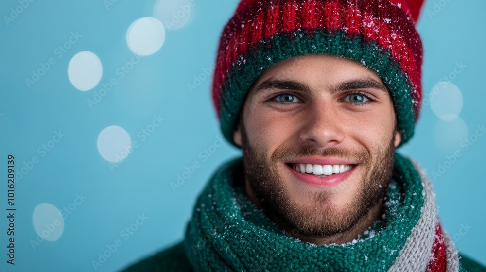 Smiling European man wearing a Christmas elf hat and scarf on a snowy ...