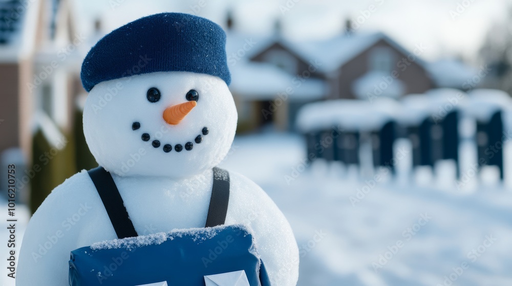 Snowman as a mailman with a blue satchel and snow envelopes, walking ...