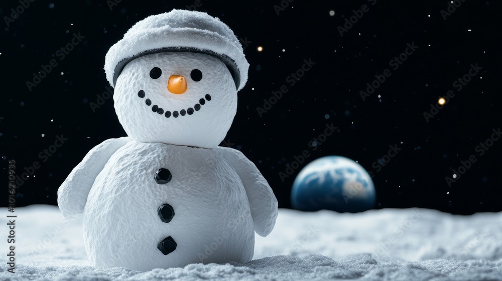 Snowman as an astronaut with a snow helmet and jetpack, standing on a ...