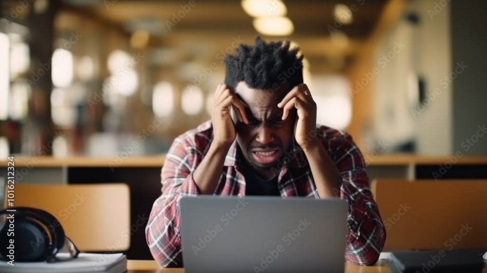 Stressed student sits at a desk, holding his head in frustration ...