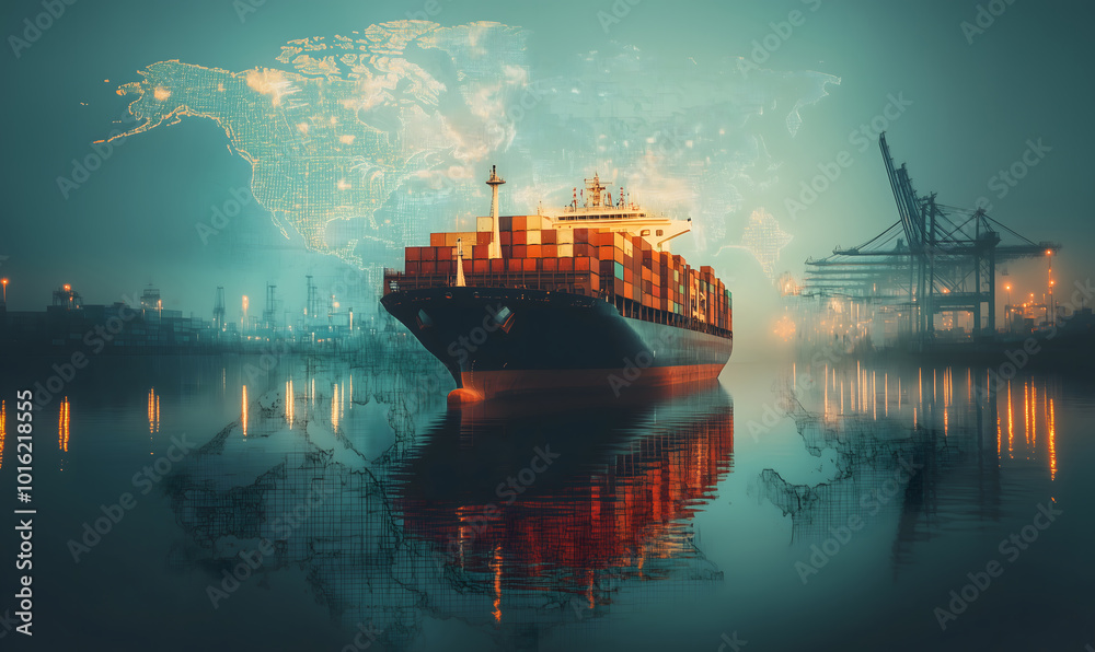 Illustration of sea cargo ship overlay with image of cargo ship in port ...