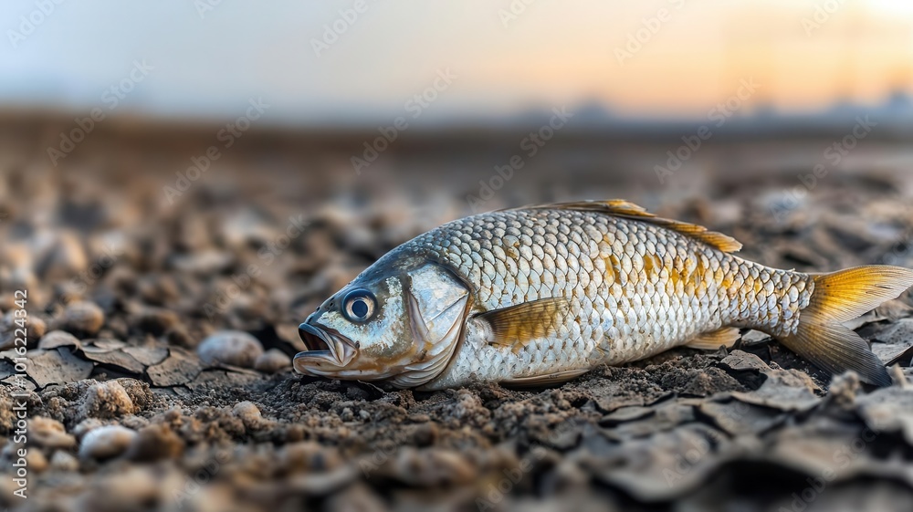 Dying fish in a dried-up riverbed, visualizing the environmental impact ...