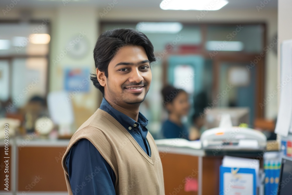Young male bank employee in office attire, smiling at camera. Beige ...