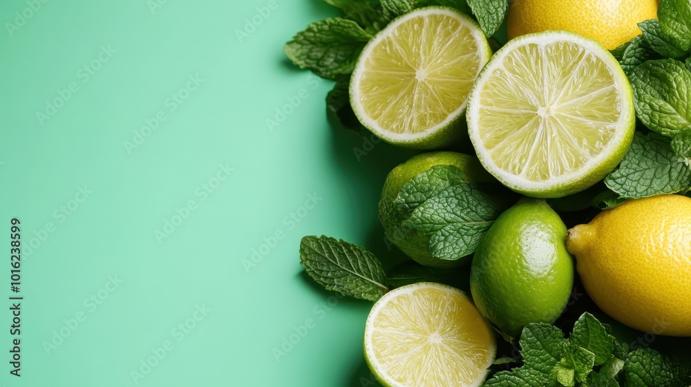 Lemons and limes paired together on a lush green surface, blended with ...