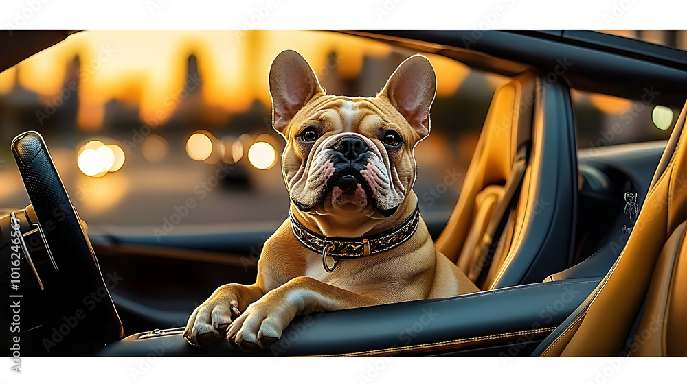 Dog's Luxurious Life. Cool bulldog driving sit on leather seat of ...