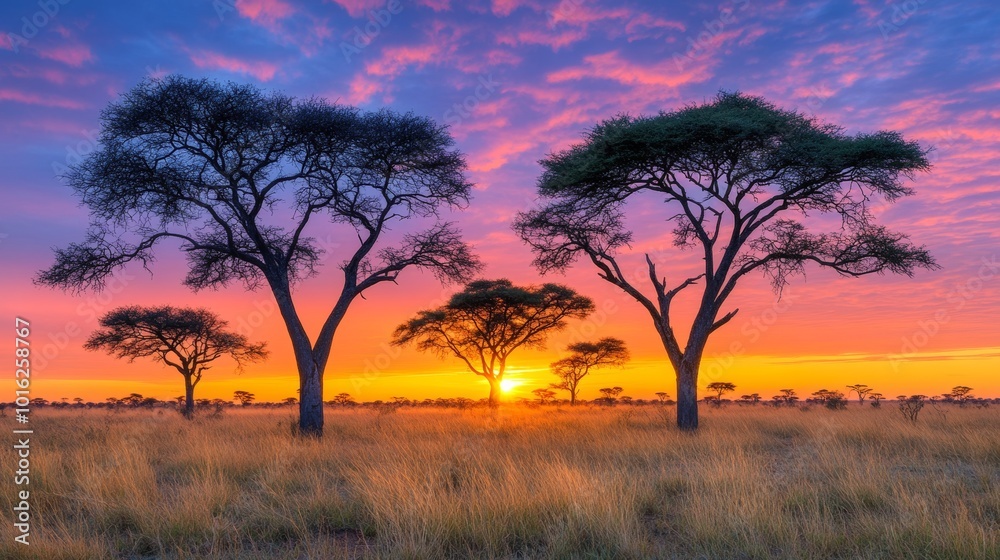 Una sabana africana iluminada por un colorido atardecer, con acacias ...