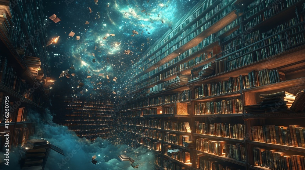 Massive infinite library with flying books and rivers of glowing ...