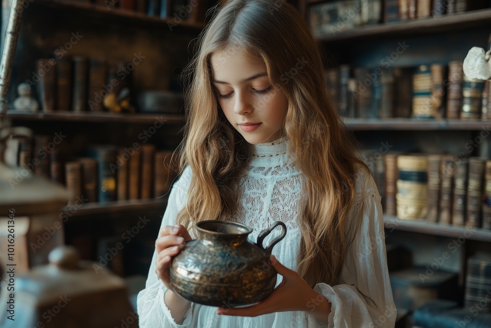 Interested tween girl examining ancient kettle in quest room stylized ...