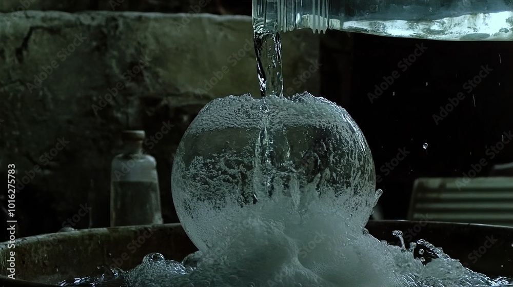 Water Pouring into a Glass Sphere: A Science Experiment Stock ...