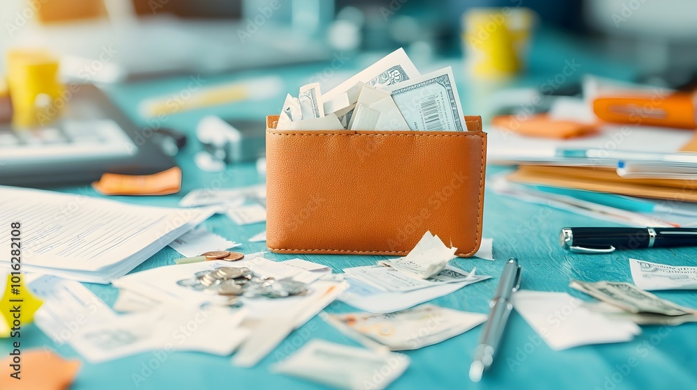 Abandoned workspace with an empty wallet scattered business documents ...