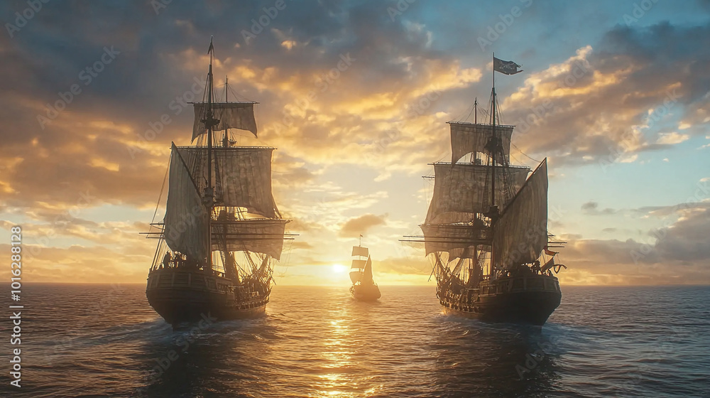 epic pirate standoff rugged captain faces two majestic ships dramatic ...