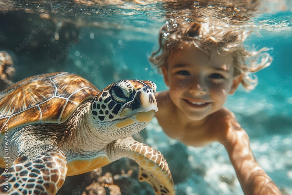 curious little boy delightfully chasing a turtle underwater in a ...
