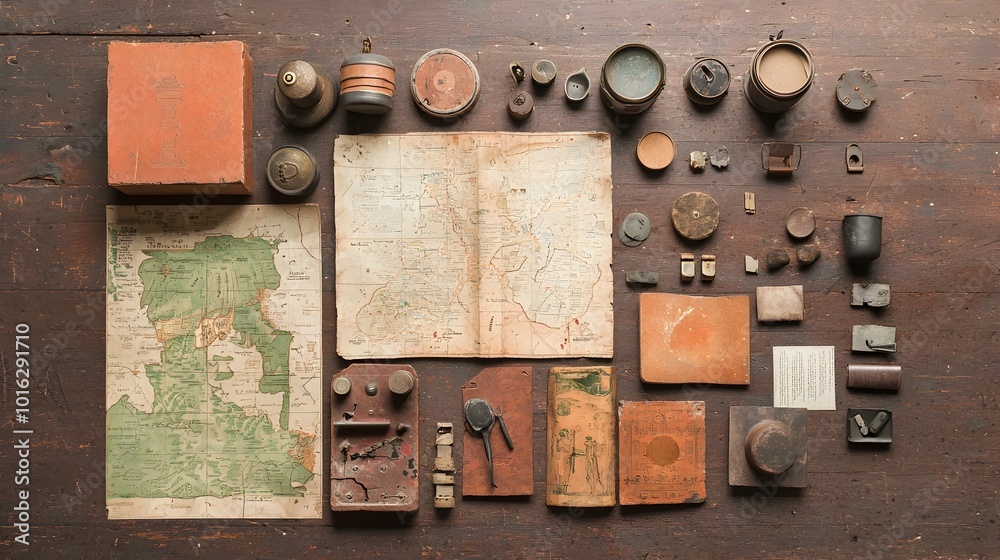 Collection of ancient maps scrolls and artifacts scattered on a rustic ...