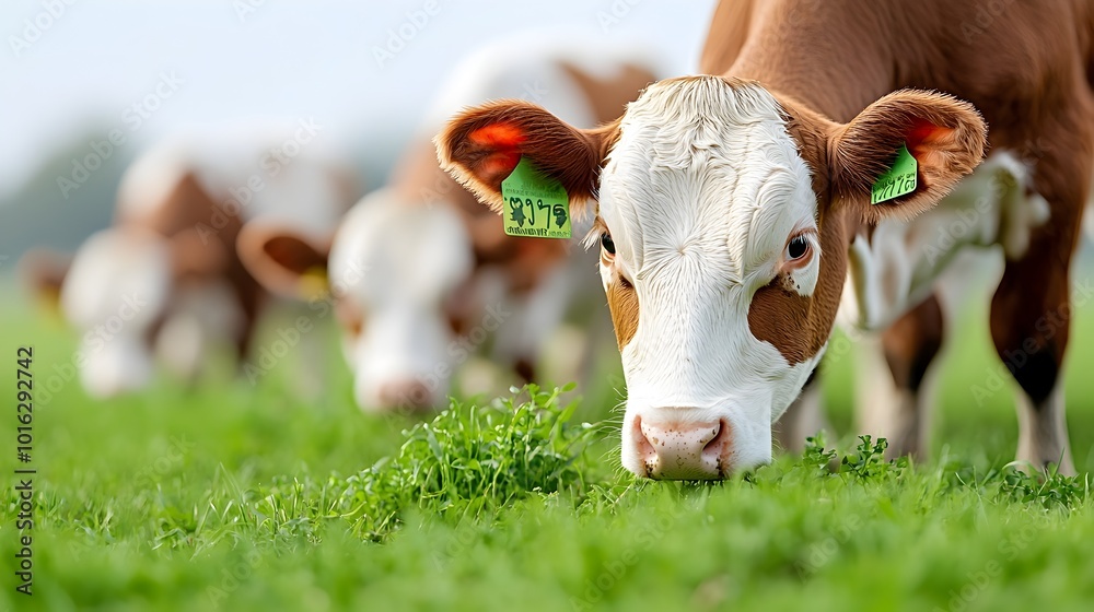 Cows grazing peacefully on a regenerative farm with lush verdant ...