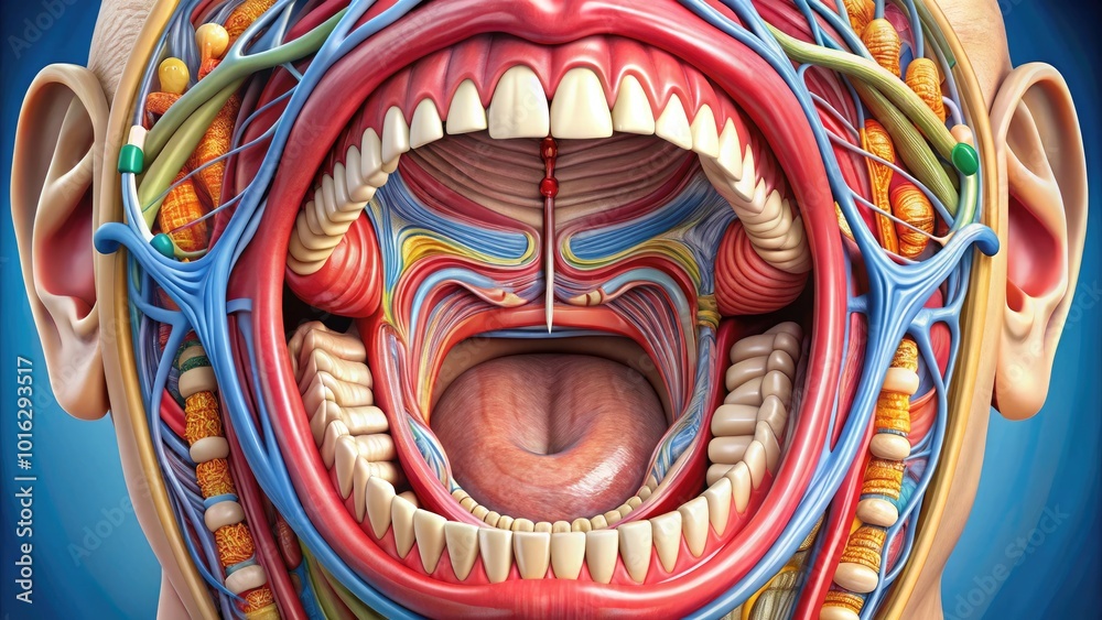 Detailed illustration of human oral cavity anatomy, showcasing teeth ...