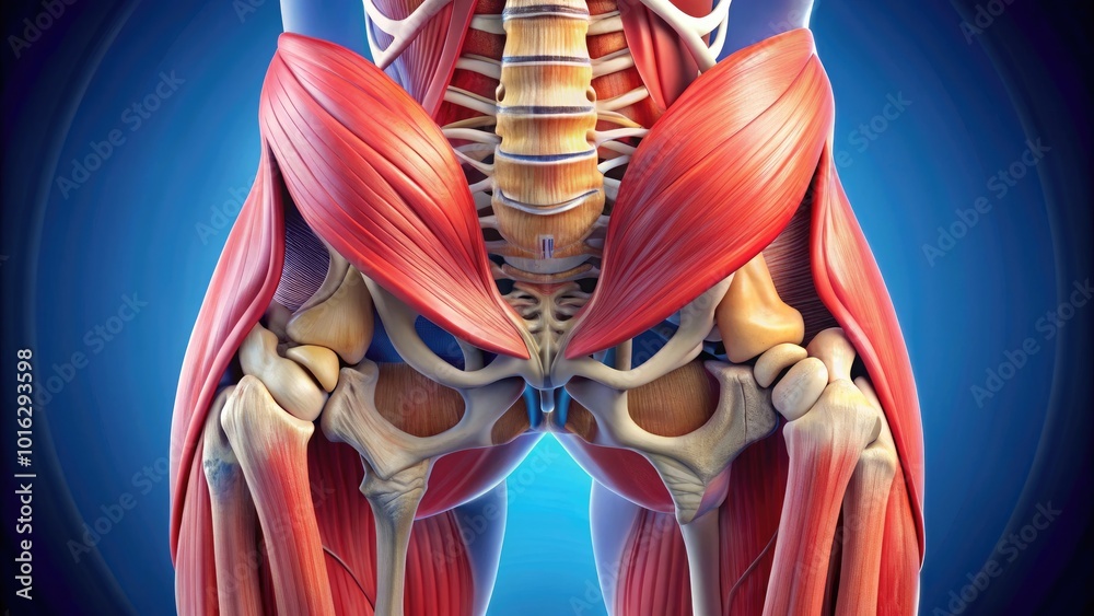 Detailed illustration of the hip's complex muscle anatomy, showcasing ...