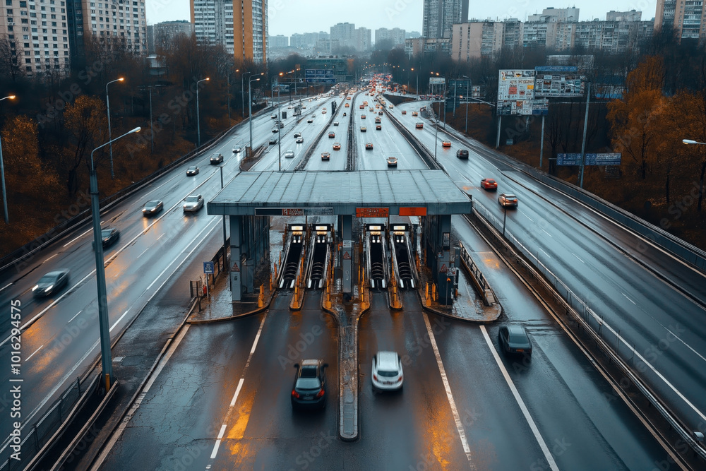 Aerial view of a toll booth on a multi-lane highway in an urban area ...