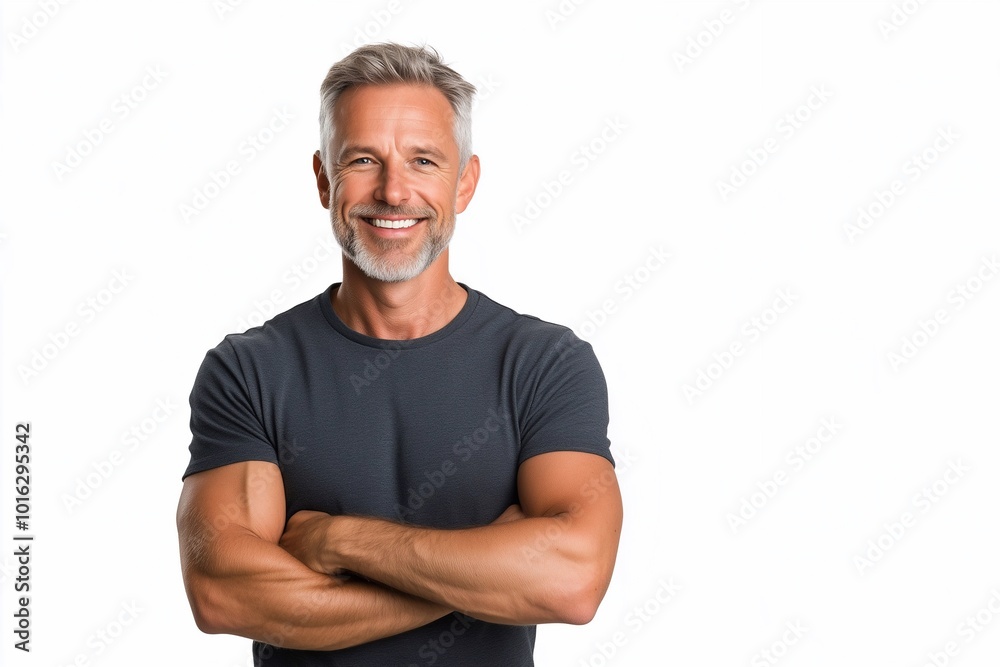 Happy middle aged man isolated on white studio background. Confident ...