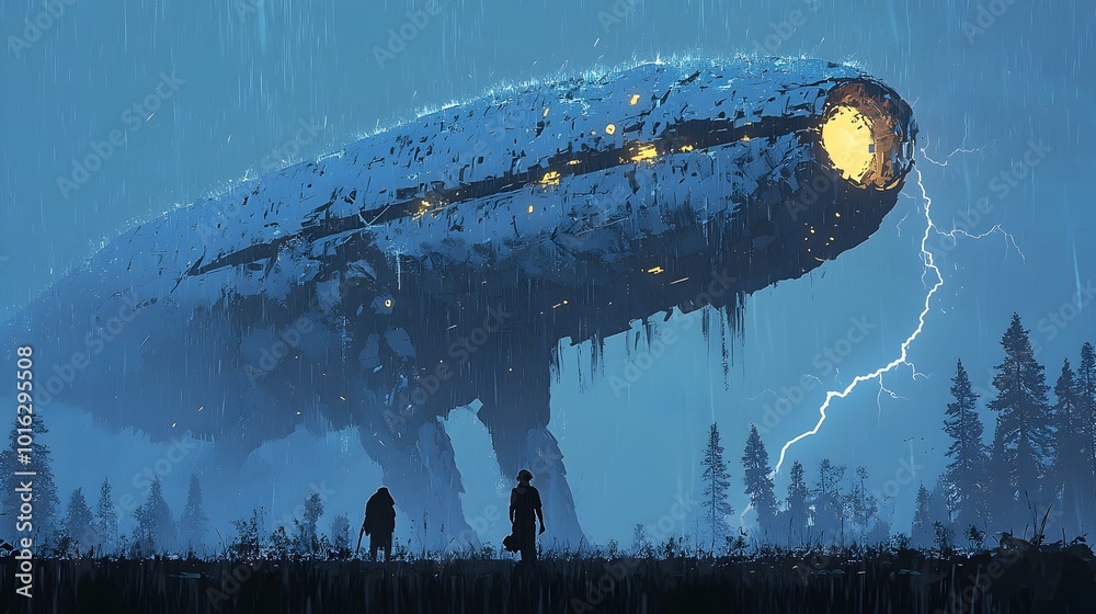 Dramatic of a towering Megalosaurus dinosaur stalking through a dark ...