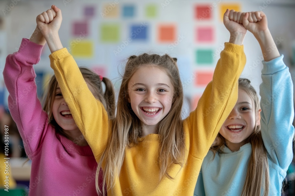 Joyful girls students kids celebrate successful completion of ...