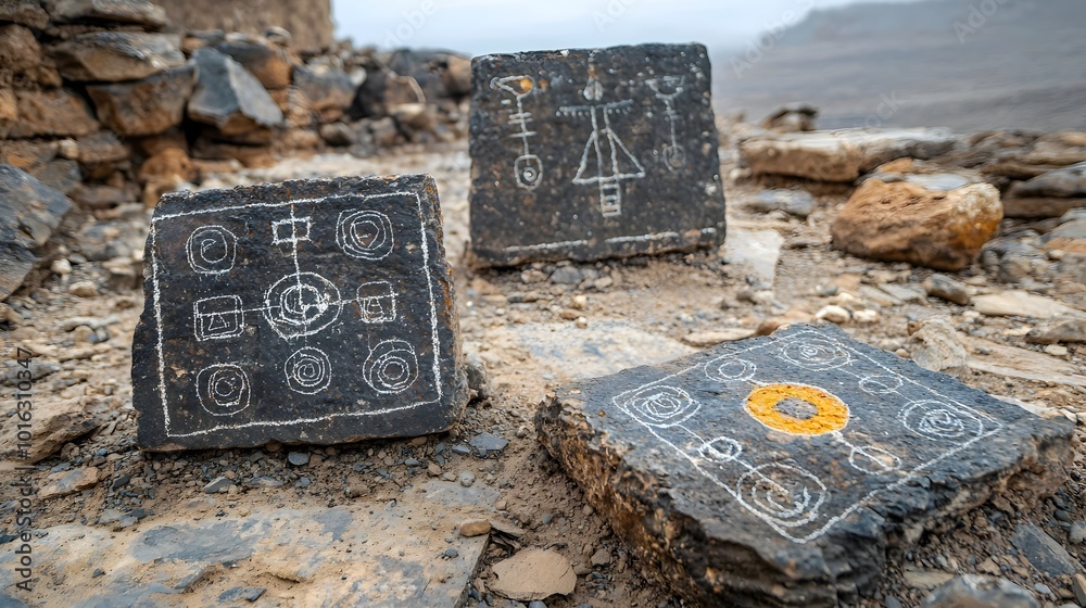 Mysterious carved symbols and petroglyphs etched onto weathered stone ...