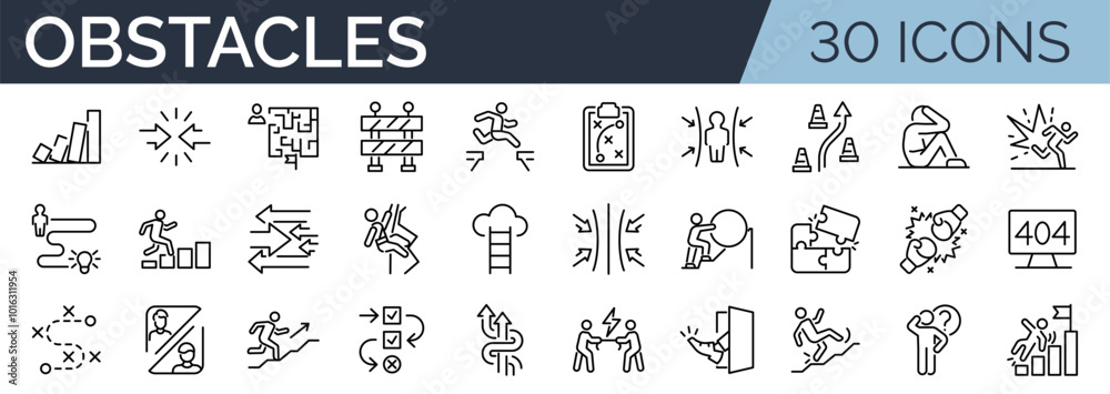 Poster Set of 30 outline icons related to obstacles – Wall Art | UkPosters