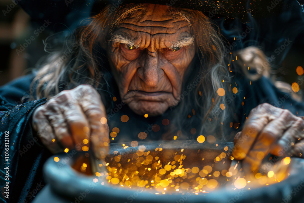 An eerie witch stirs her bubbling cauldron in a dark chamber, her ...