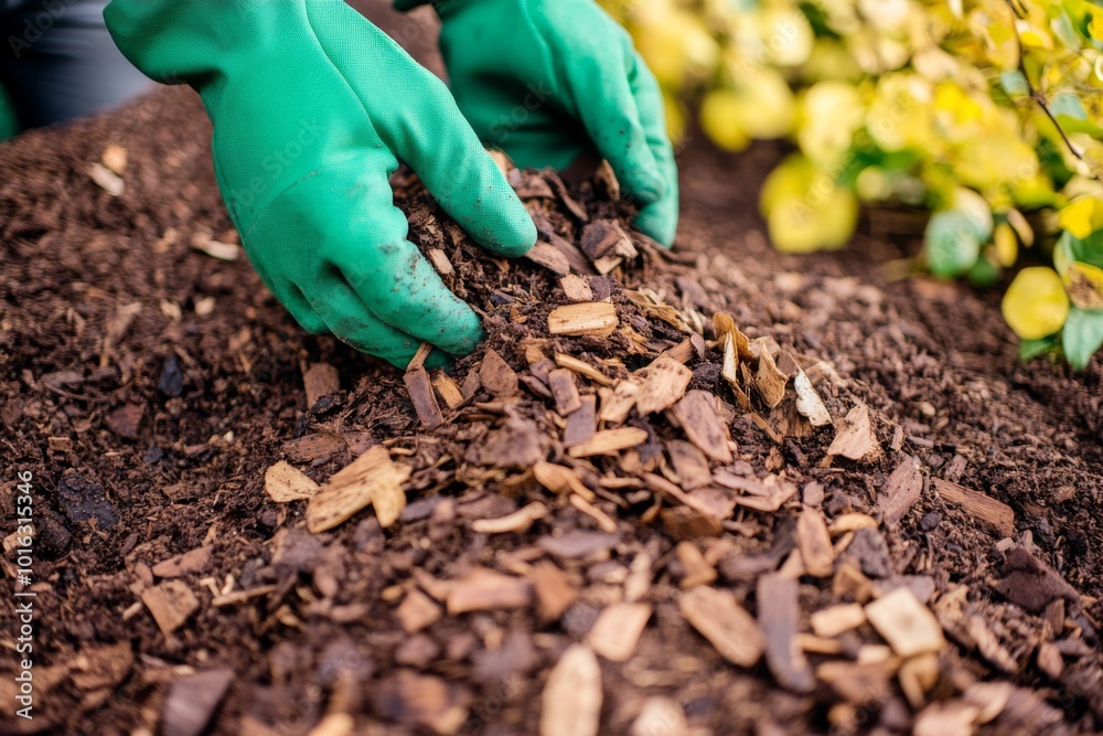 Gardener is Applying Mulch in a Beautifully Designed Landscape for ...