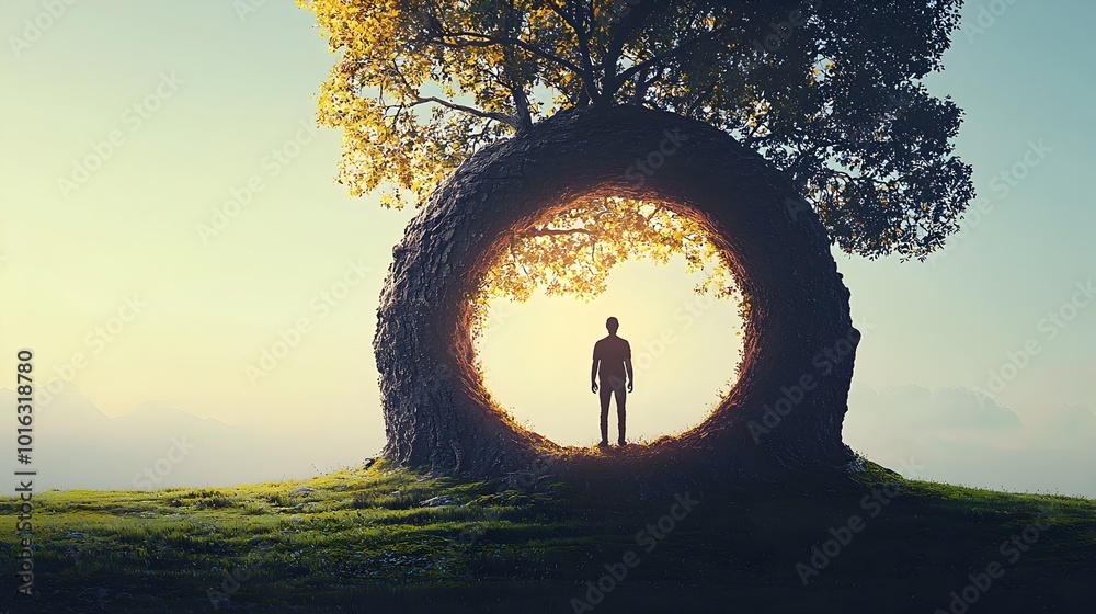 Silhouetted human figure embedded within the trunk of a massive ancient ...