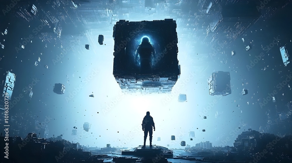 Surreal digital image depicting a human figure encased in a cube like ...