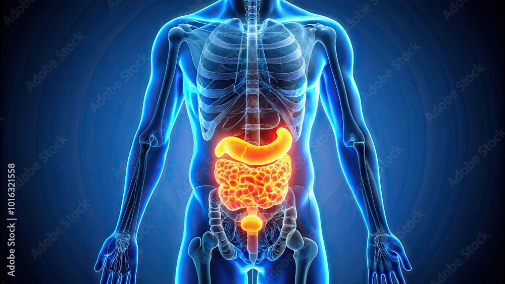 Illuminated 3D illustration of the human abdomen showing the location ...