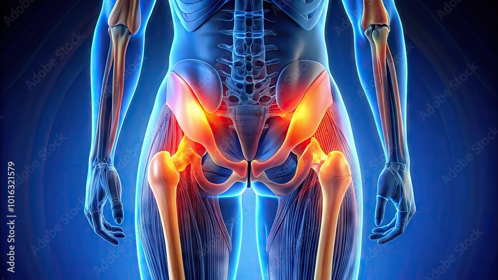 Illuminated 3D illustration of the human hip region, showcasing the ...