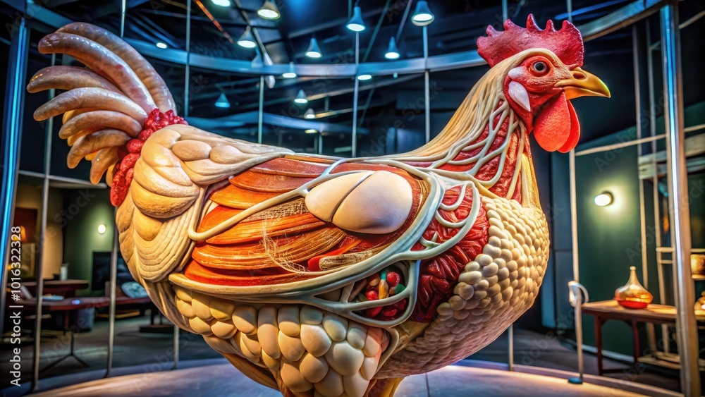 Illuminated internal organs and skeletal system of a hen, showcasing ...