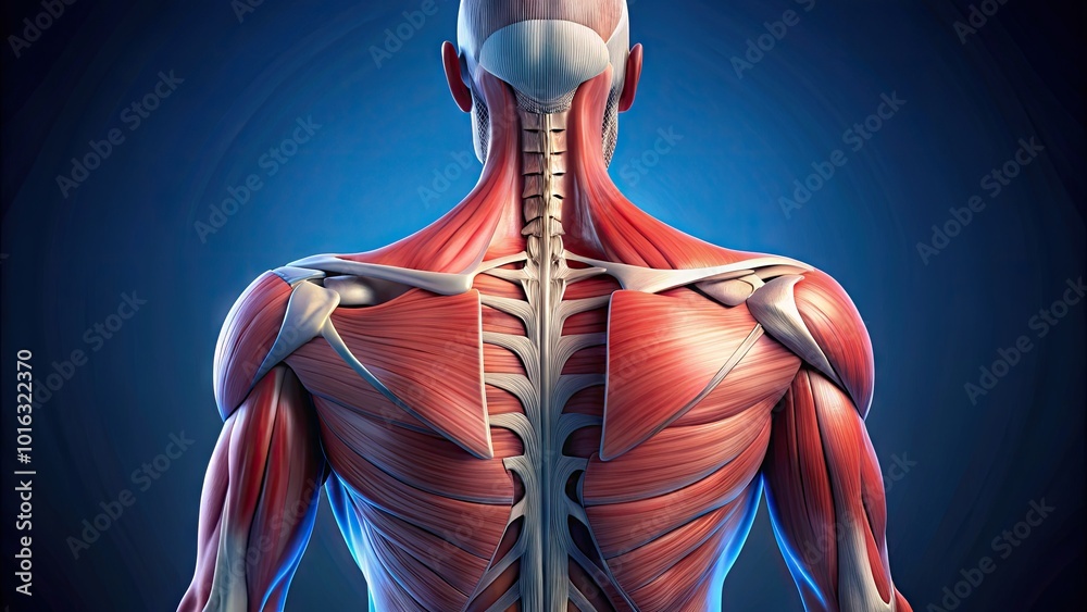 Illustrated 3D model of the human upper back, highlighting the scapular ...