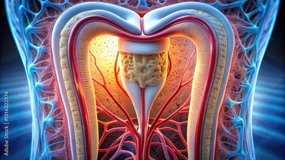 Illuminated microscopic view of dental pulp anatomy, showcasing nerve ...