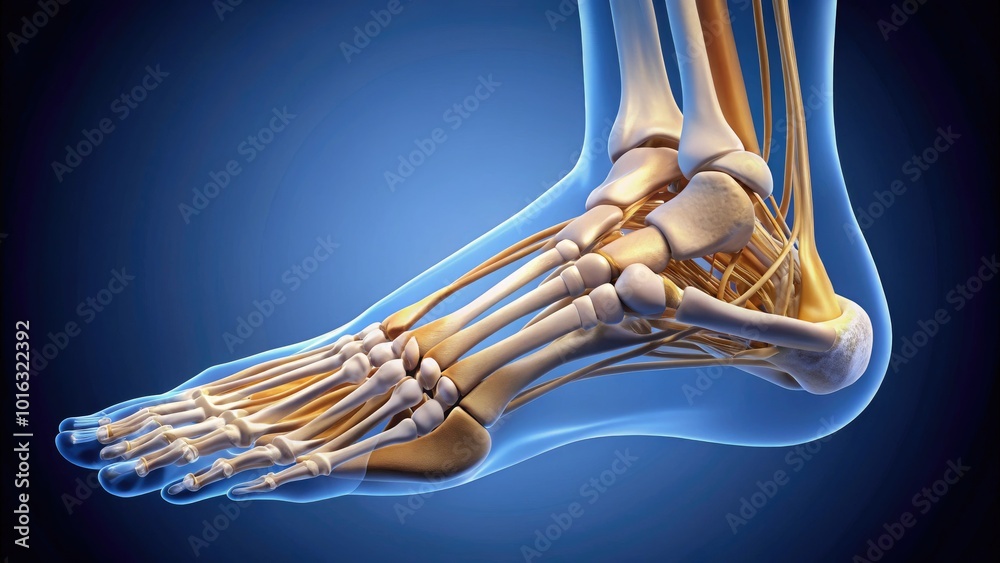 Illustrated anterior view of the human foot bones, showcasing the ...