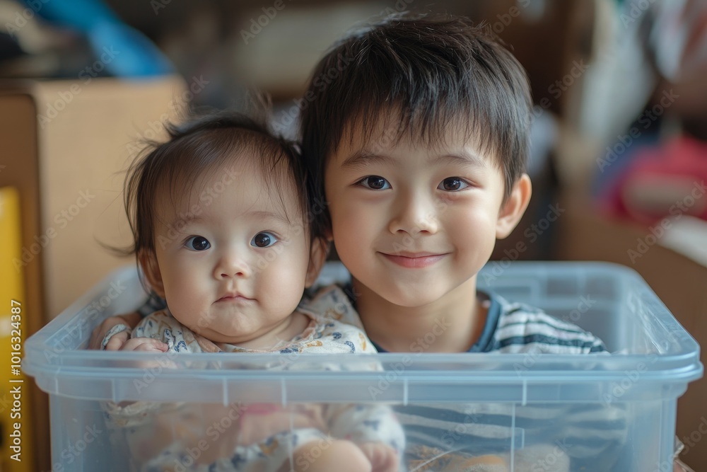Cute Asian kids playing at home. A little boy carries his toddler ...