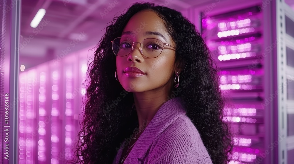 Technologist Expertise: Woman Managing Data Center with Glowing Servers and Digital Network ...
