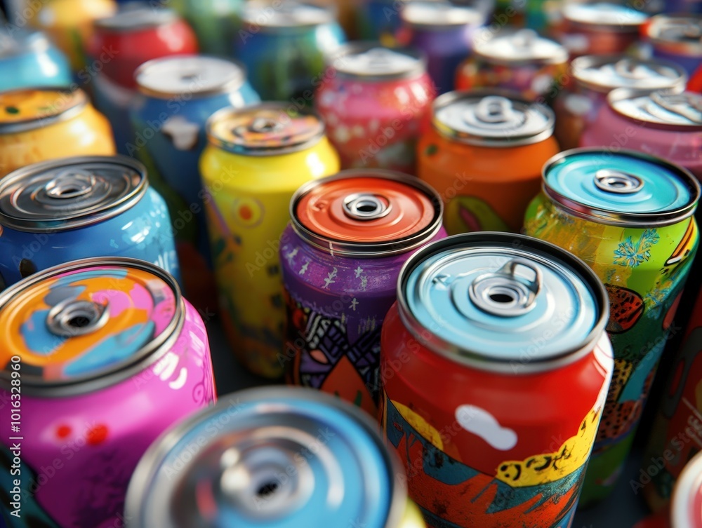 An overhead shot of vibrant soda cans creating a colorful mosaic ...