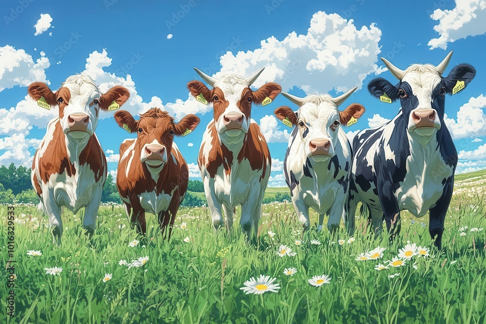 diverse herd of cows in a picturesque meadow showcasing various breeds ...