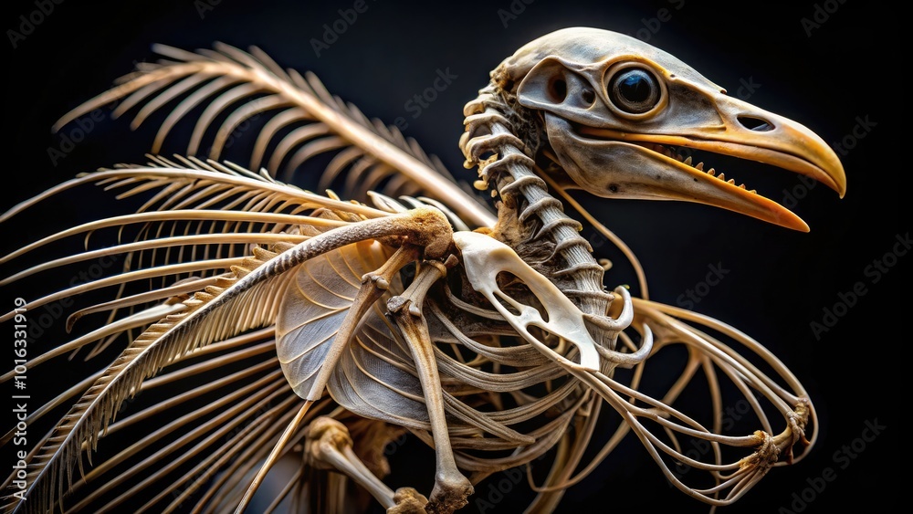 Macro photograph of a bird's skeleton, showcasing intricate details of ...