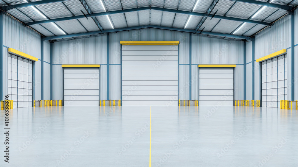 Industrialstyle warehouse interior with high ceilings and steel beams ...