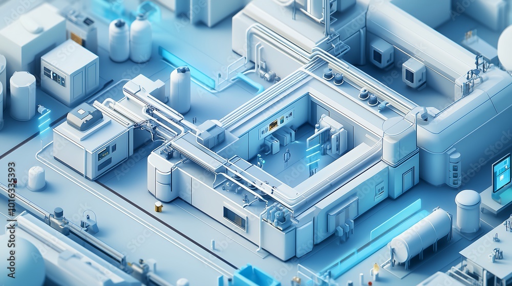 A detailed isometric view of a hospital wing powered by hydrogen energy ...