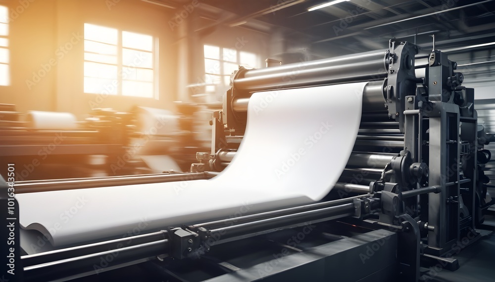 A large industrial printing press with rolls of white paper moving ...
