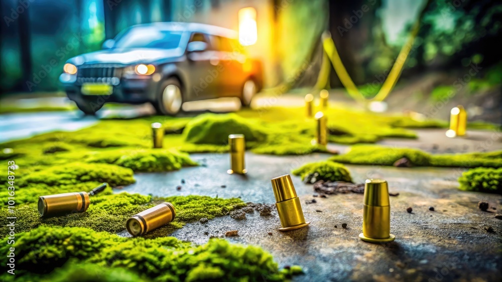 Panoramic Scene of Investigation with Bullet Casings and Evidence Plate ...