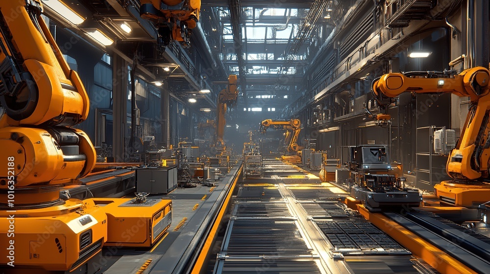 Advanced robotics assembly line in a modern manufacturing facility with ...