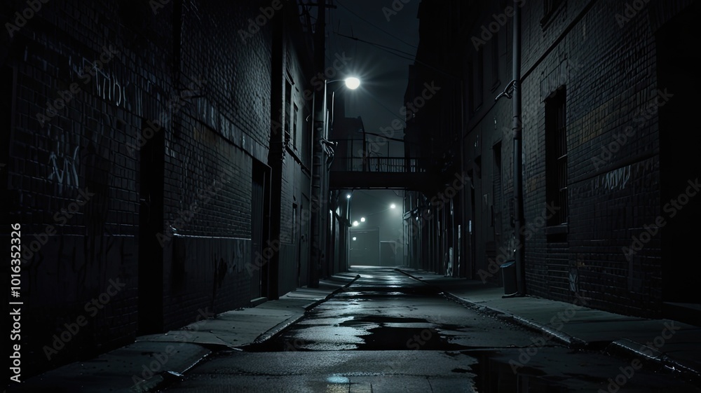 Dark and gritty city alley is shrouded in fog, illuminated by street ...